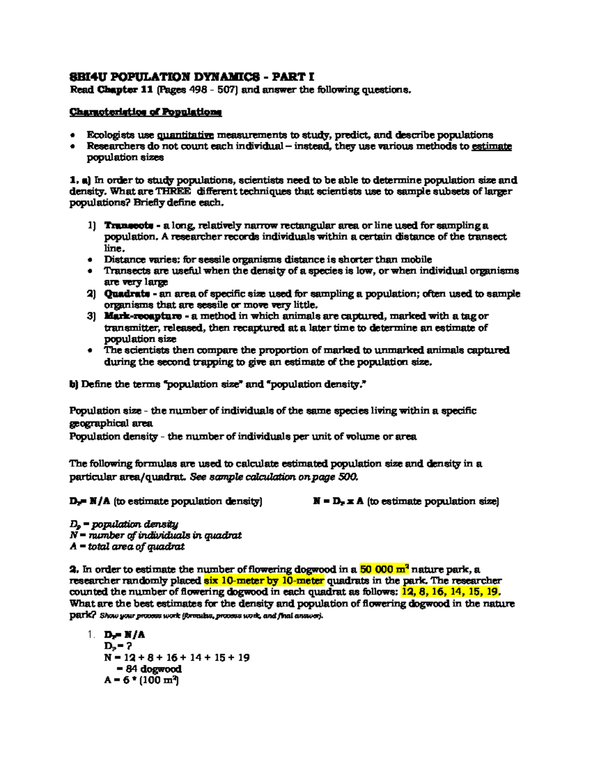 Population Dynamics - quest notes - SBI4U POPULATION DYNAMICS - PART I ...