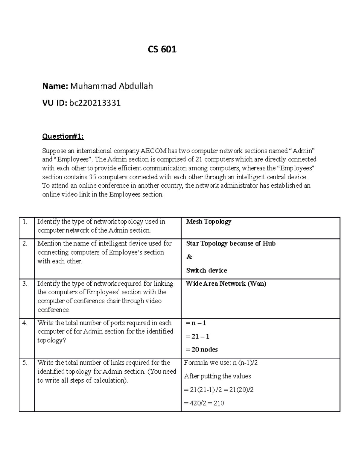 Assignment #1 - CS 601 Name: Muhammad Abdullah VU ID: bc Question#1 ...