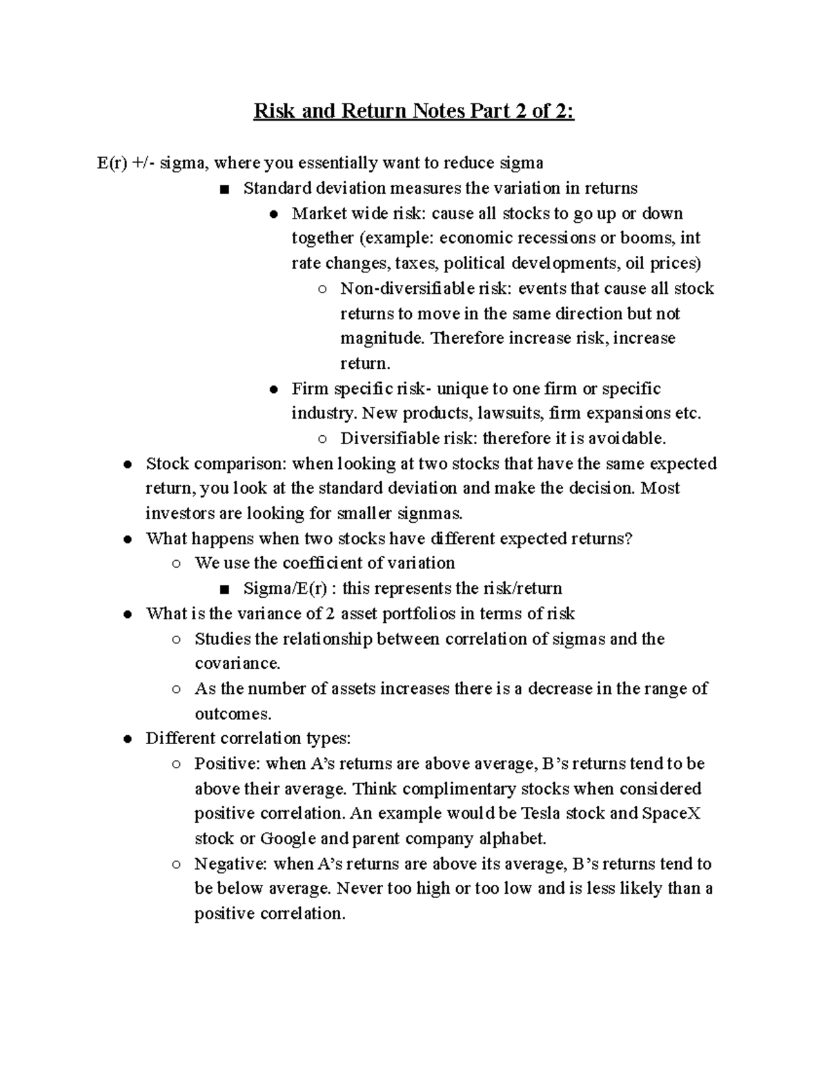 Risk and Return Notes Part 2 of 2 - Therefore increase risk, increase ...