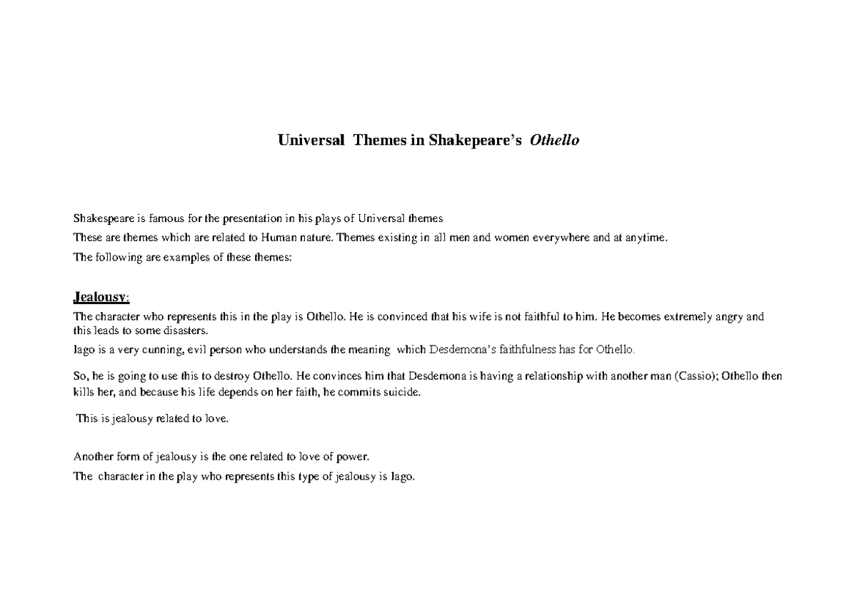 Othello Universal Themes - Universal Themes in Shakepeare’s Othello ...