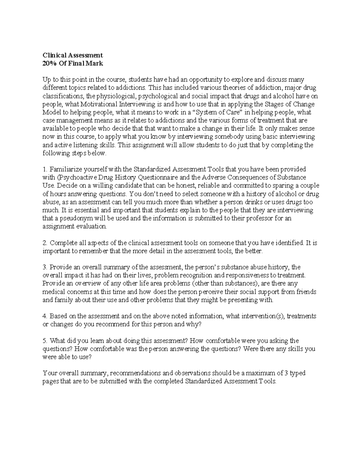 Clinical Assessment assignment Updated - Clinical Assessment 20% Of ...