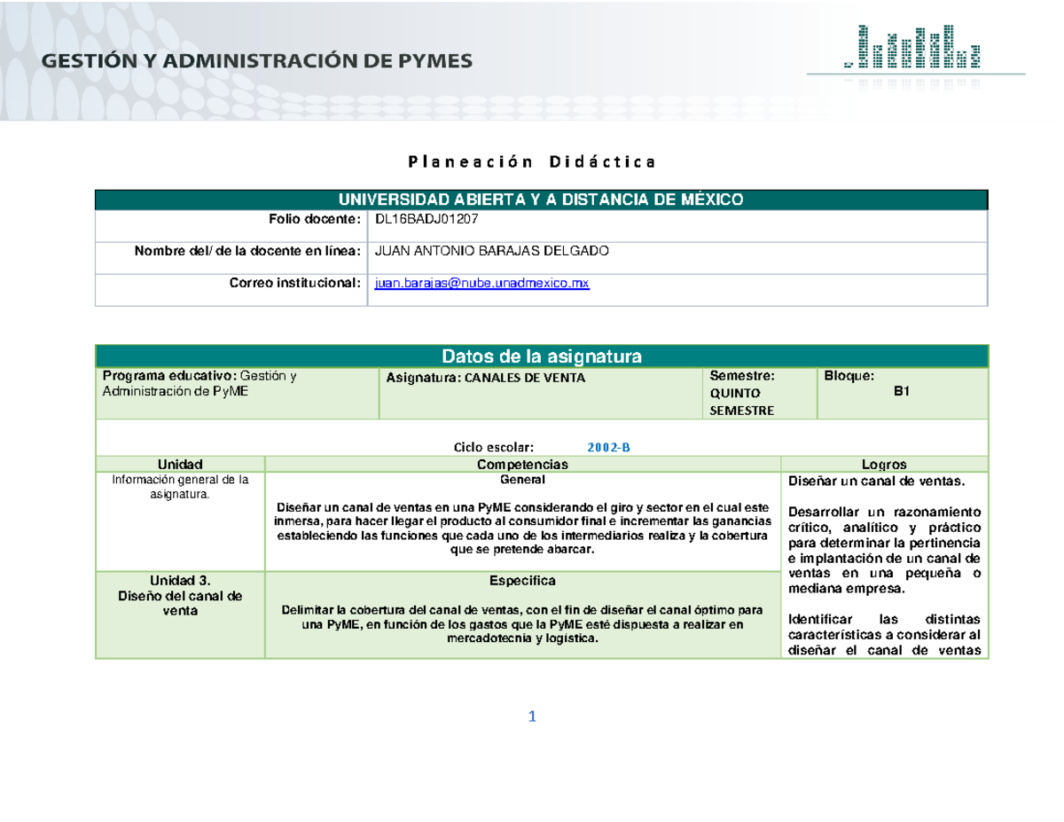 PD GCAV U3 DL16BADJ01207 - P l a n e a c i ó n D i d á c t i c a ...
