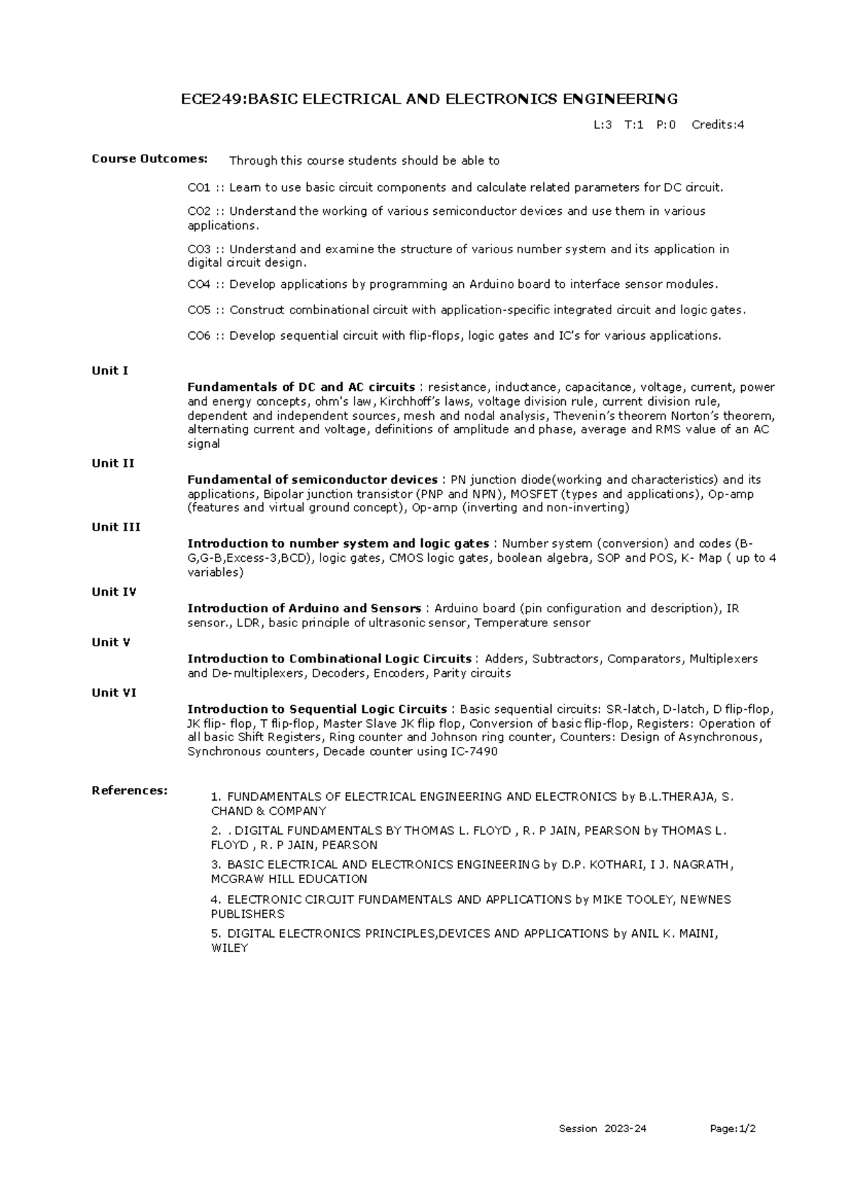 Syllabus ECE249 - ECE249:BASIC ELECTRICAL AND ELECTRONICS ENGINEERING Course Outcomes: CO1 ...