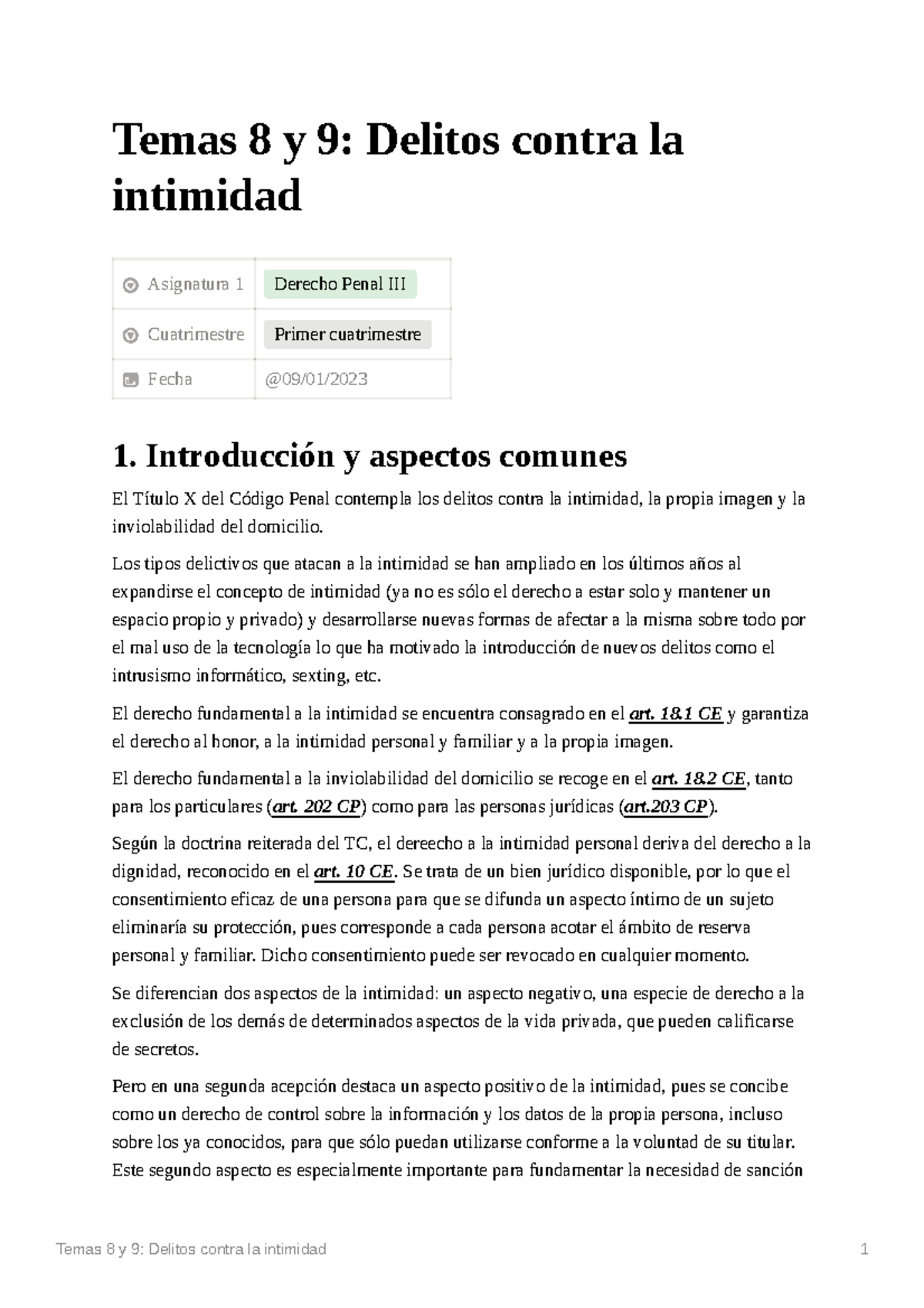 Temas 8 y 9: Delitos contra la intimidad. - Temas 8 y 9: Delitos contra ...