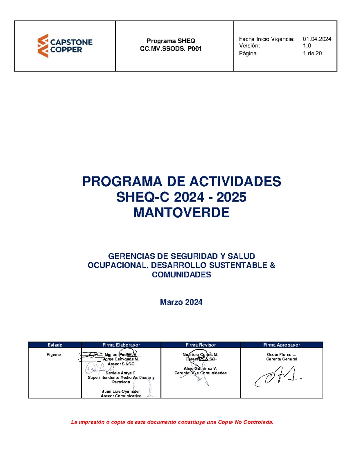 Plan SHEQ 2024-2025 Firmado MV - Programa SHEQ CC.MV. P Versión: 1. Página 1 de 20 PROGRAMA DE ...