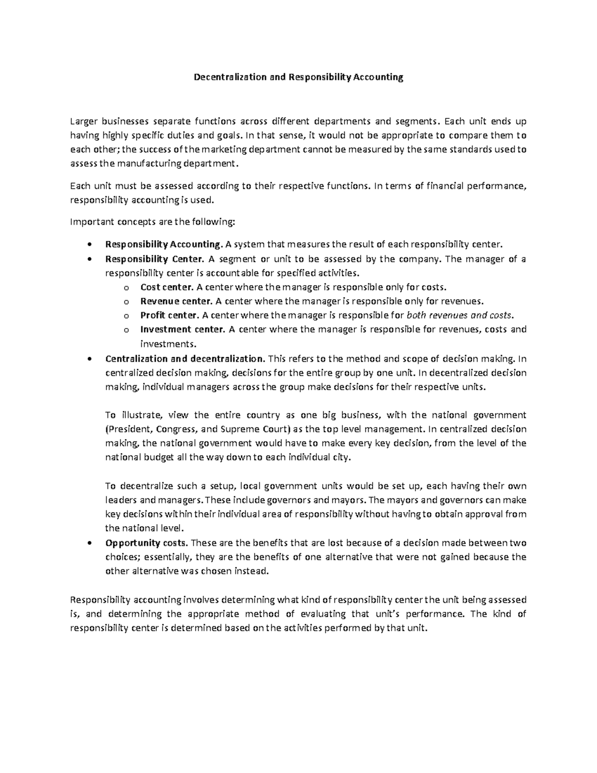 Responsibility Accounting Notes on cost accountinf - Decentralization ...