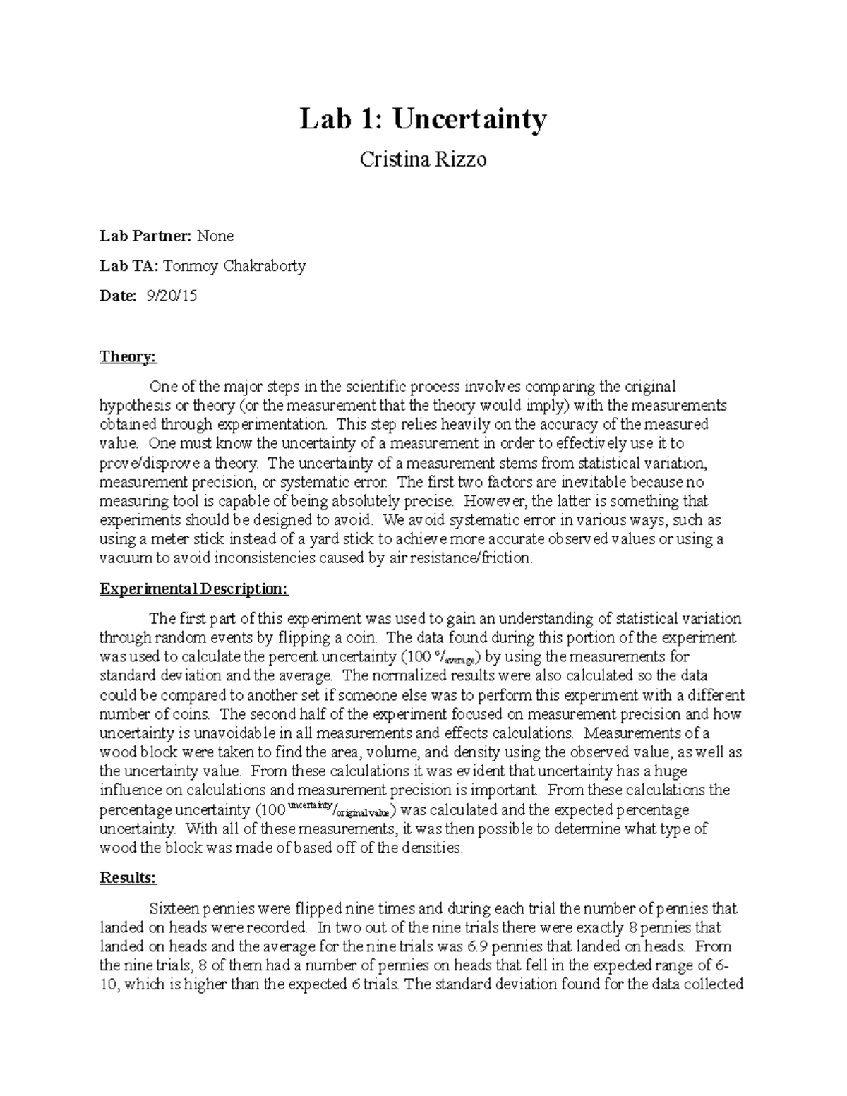 Physics fall lab write up 1 - Lab 1: Uncertainty Cristina Rizzo Lab ...