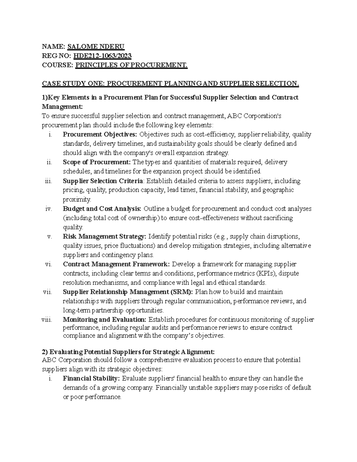 Principles of Procurement Assignment 1 - NAME: SALOME NDERU REG NO: HDE212-1063/ COURSE ...