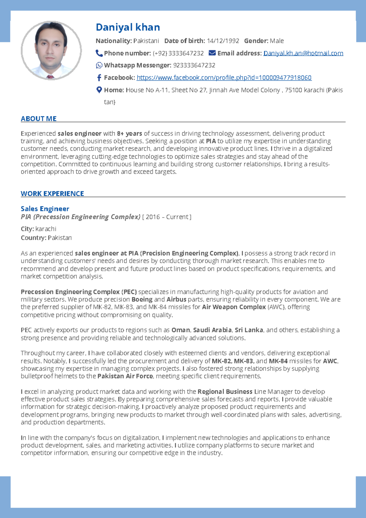 CV - Daniyal khan - ABOUT ME Experienced sales engineer with 8+ years ...