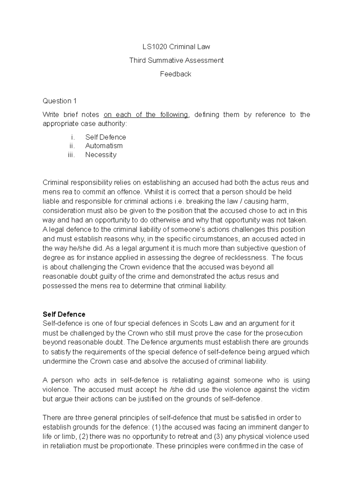 Assessment 3 feedback - LS1020 Criminal Law Third Summative Assessment Feedback Question 1 Write ...