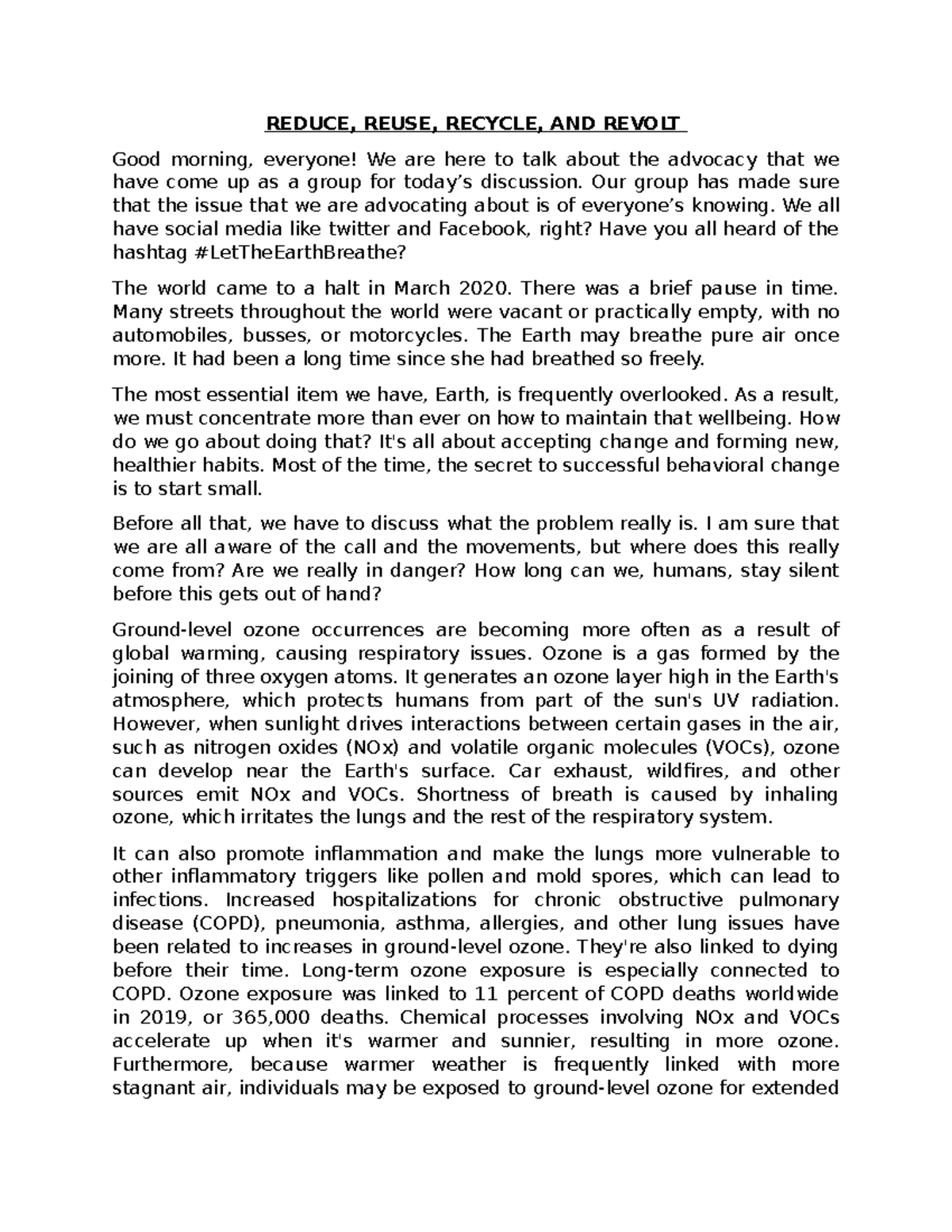 JERO Advocacy Script TCS - REDUCE, REUSE, RECYCLE, AND REVOLT Good ...