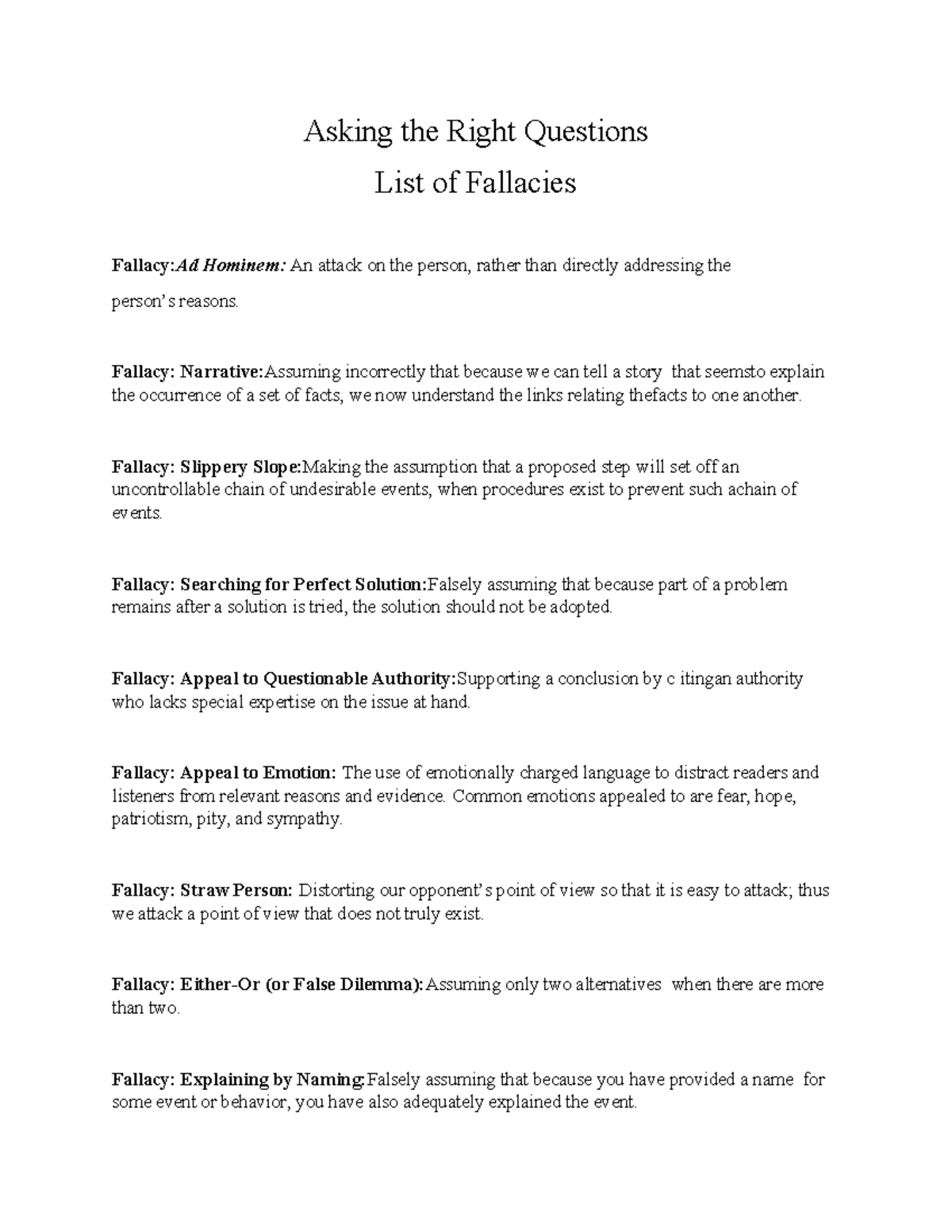 PHIL 9 Chapter 3 - List of Fallacies - Asking the Right Questions List ...
