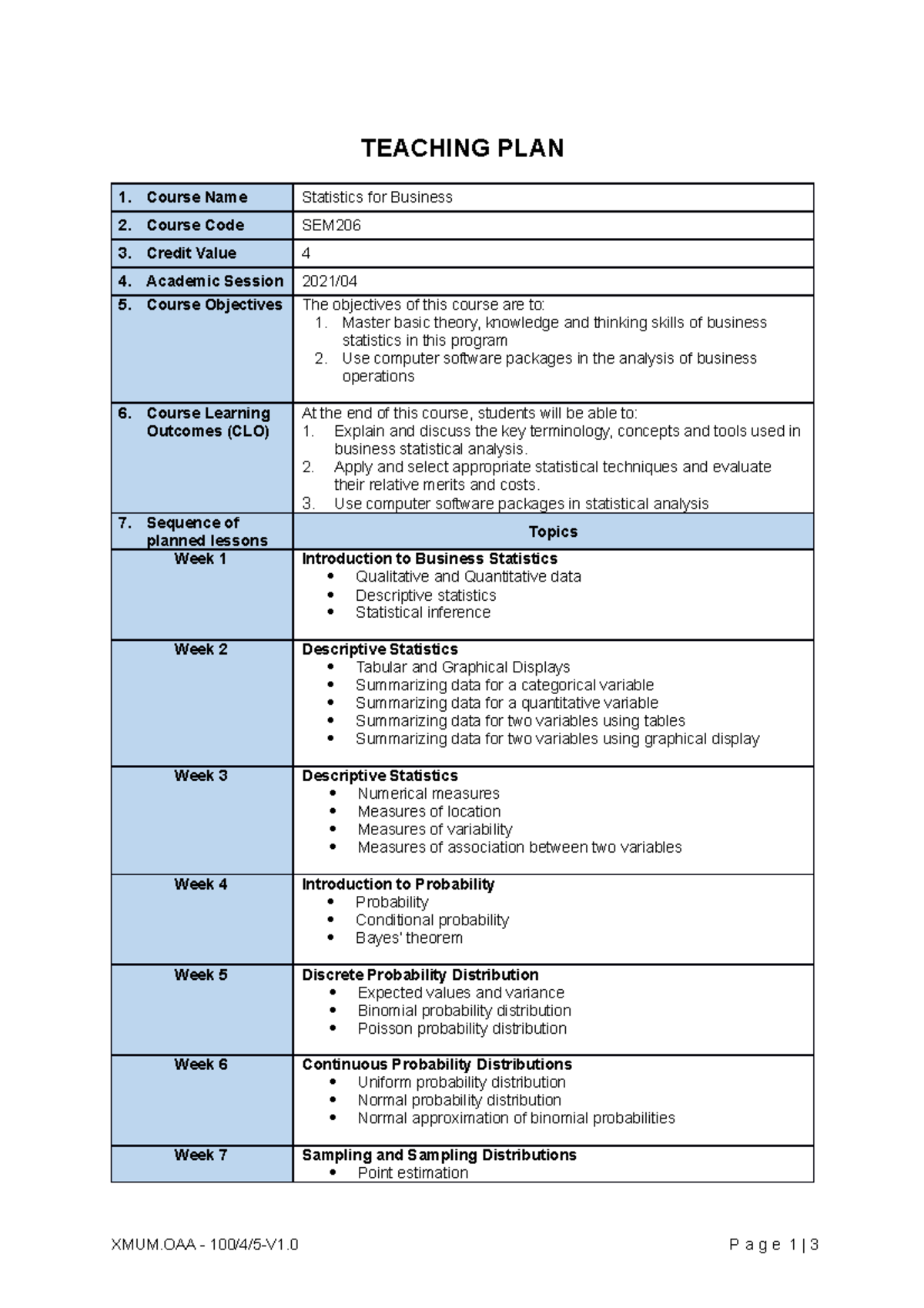 2.4 Teaching Plan - TEACHING PLAN 1. Course Name Statistics for ...