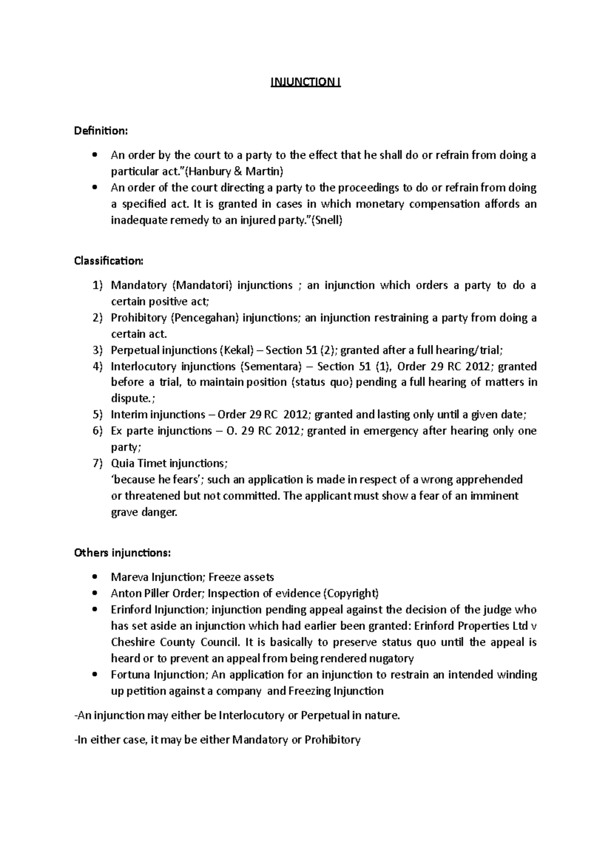 Injunction I - Slide - INJUNCTION I Definition: An order by the court ...