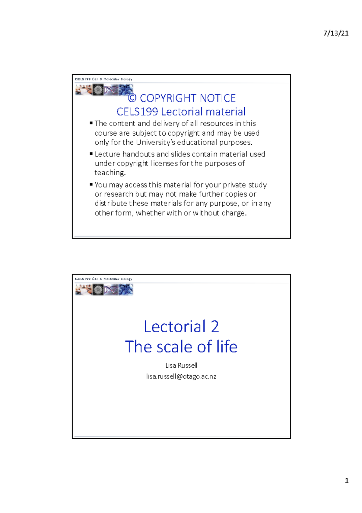 Lectorial 2 The scale of life 2021 BB - CELS199 Cell & Molecular ...