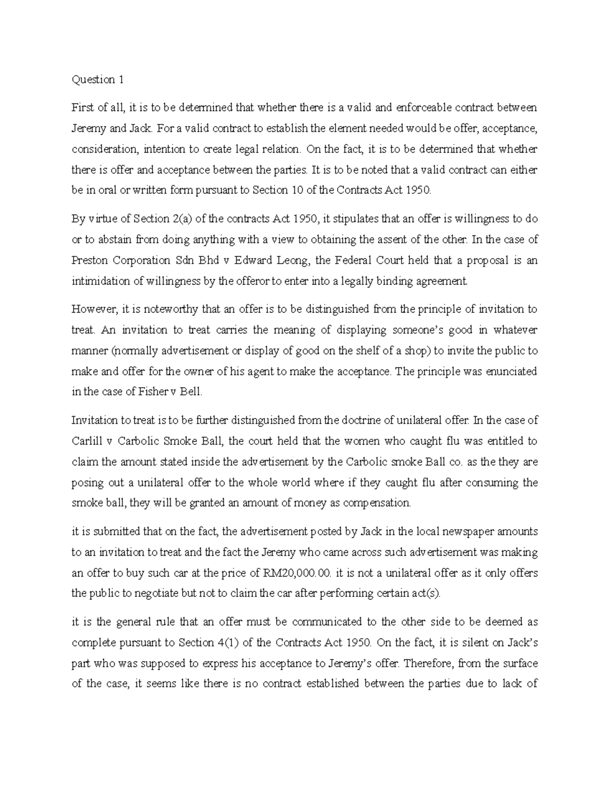 Contract law - good note - Question 1 First of all, it is to be ...