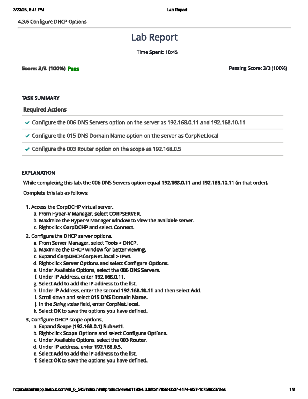 4.3.6 Configure DHCP Options - 8:41 PM Lab Report 4.3 Configure DHCP ...
