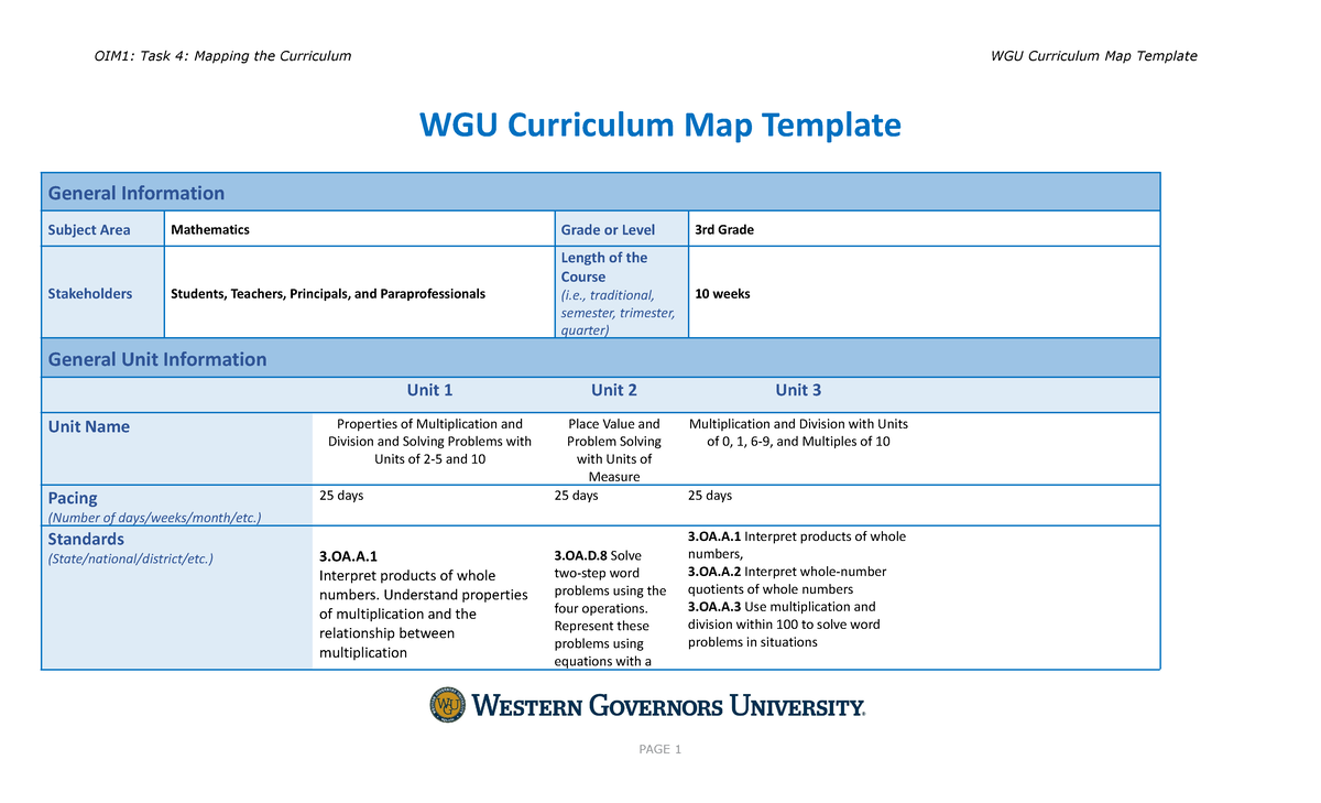 D183 Task 4 - Passes - WGU Curriculum Map Template General Information ...
