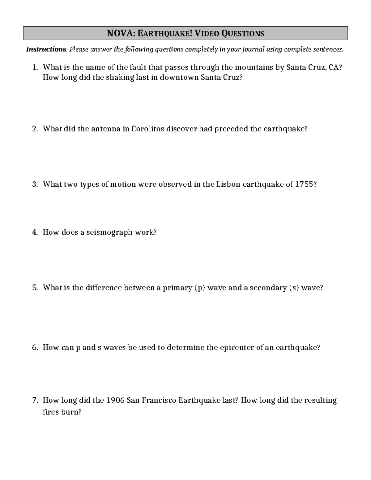 Nova earthquakes video qs - NOVA: EARTHQUAKE! VIDEO QUESTIONS ...