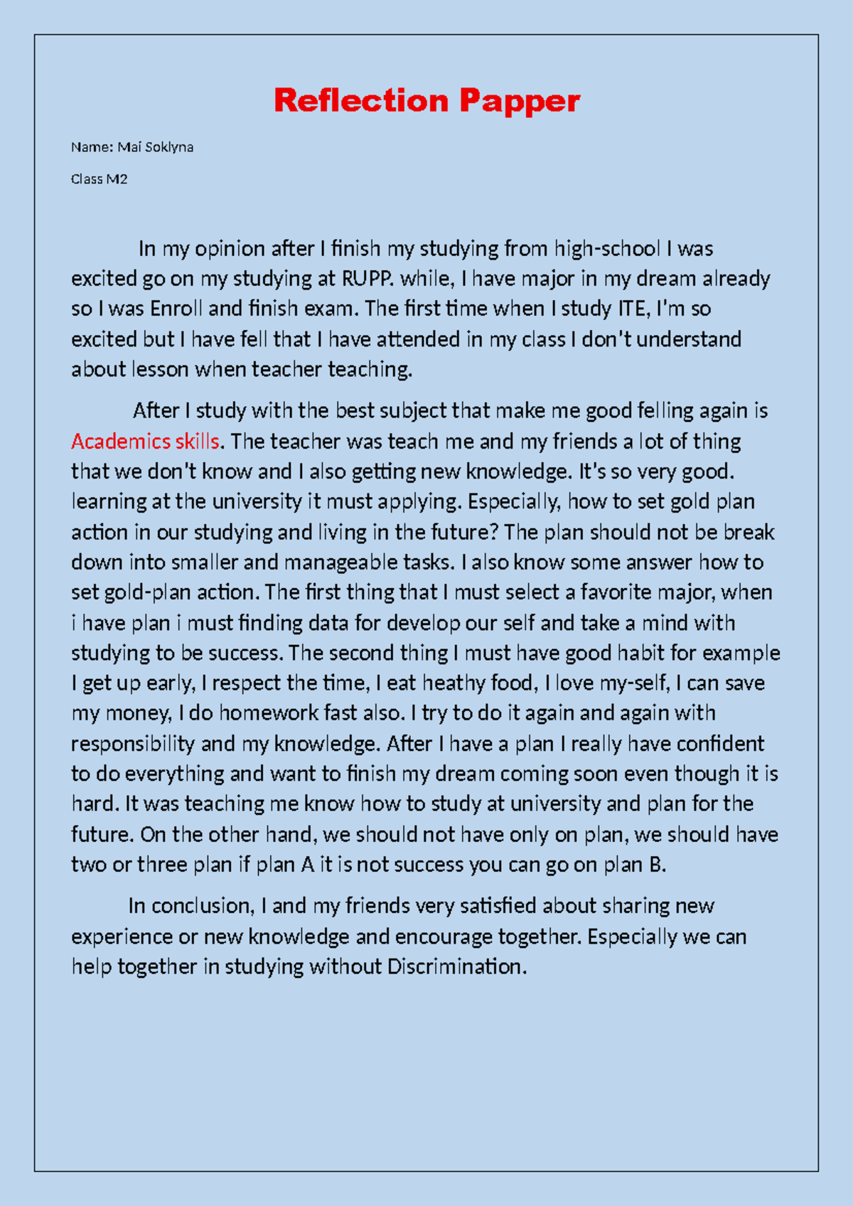 AS. Homework 1 reflection peper - Reflection Papper Name: Mai Soklyna ...