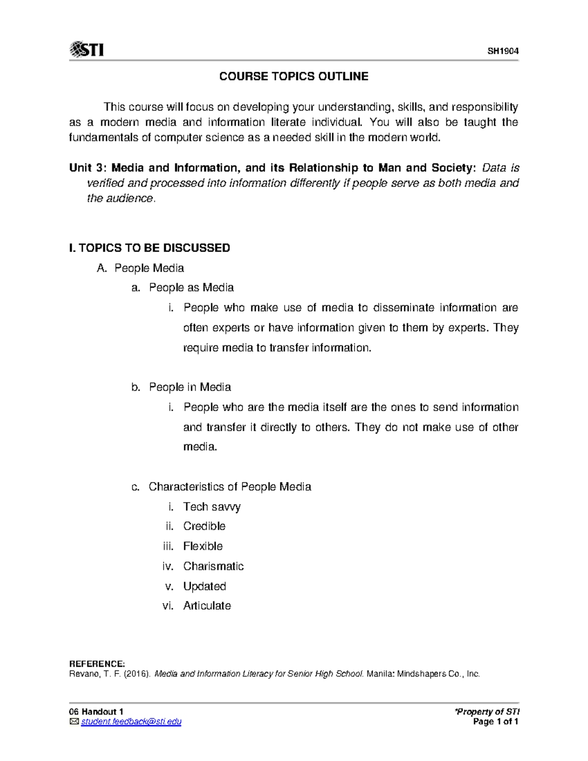 Course Topics Outline MIL - SH 06 Handout 1 student@sti *Property of ...