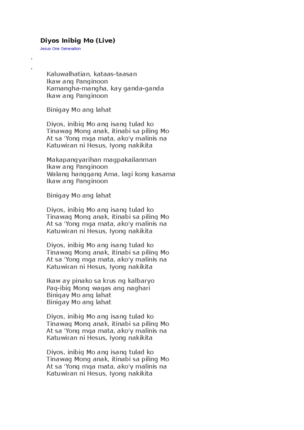 Diyos Inibig Mo - student - Diyos Inibig Mo (Live) Jesus One Generation ...