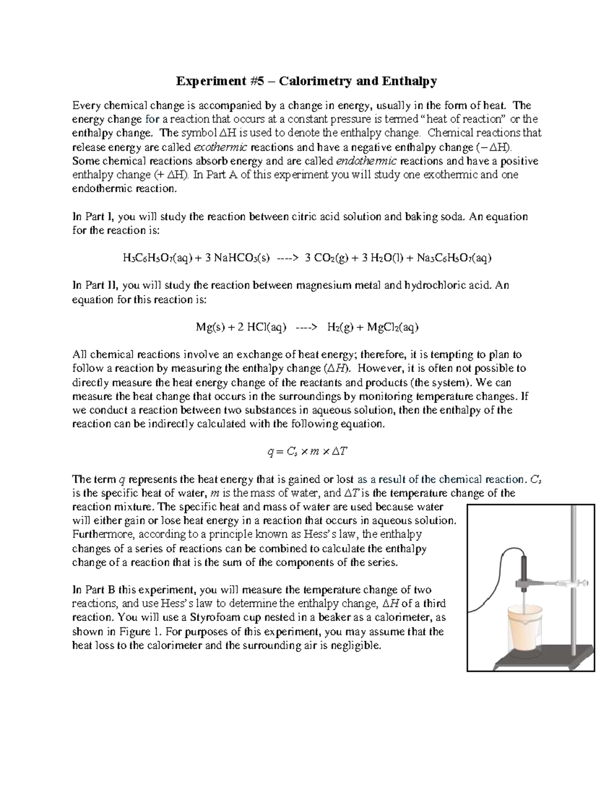 Experiment 5 Thermochemistry Measuring the Heat in Chemical Reactions ...