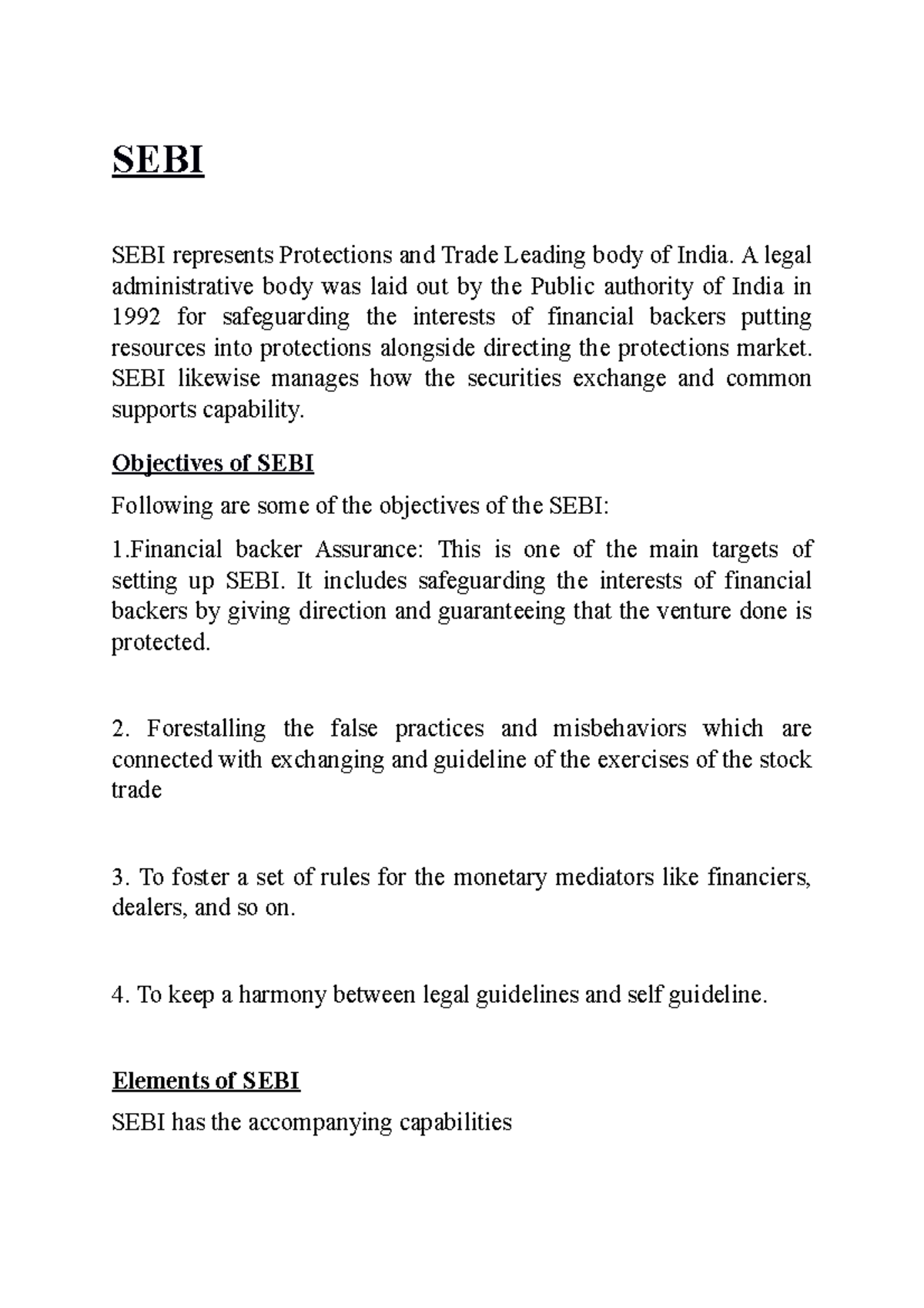 SEBI - SEBI - SEBI SEBI represents Protections and Trade Leading body ...