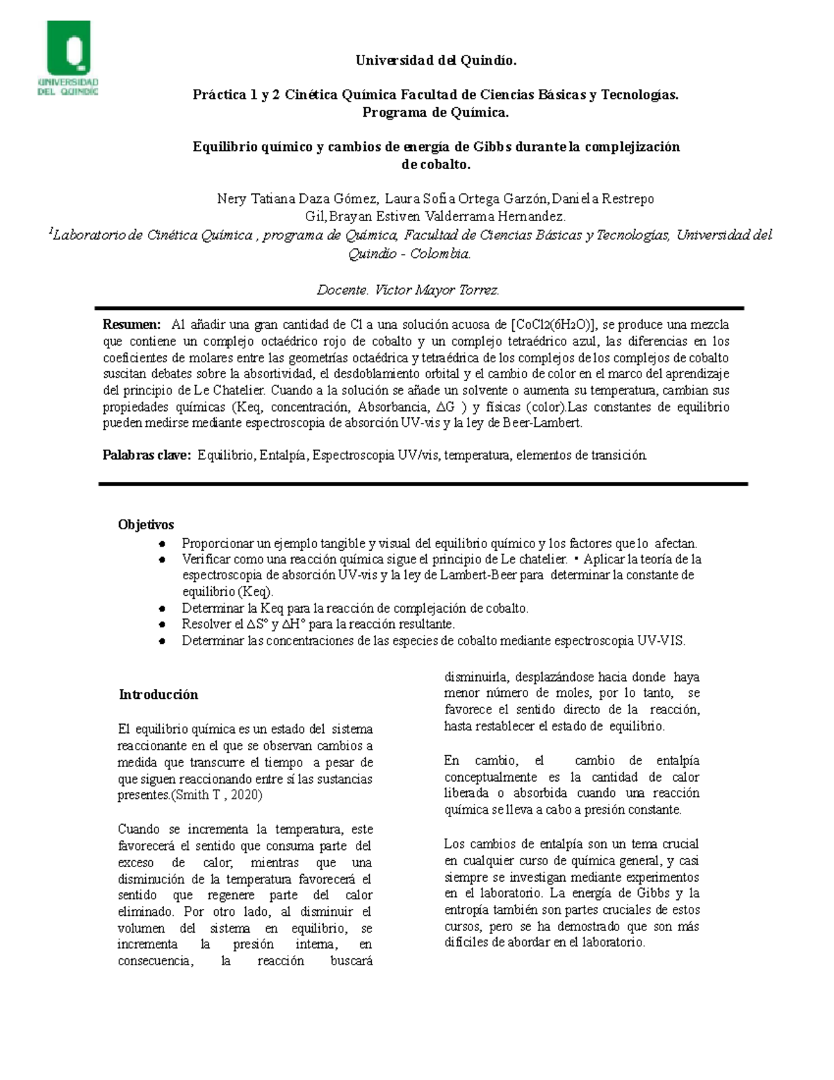 Práctica 1 y 2. Equilibrio y para la complejación de cobalto a base de ...