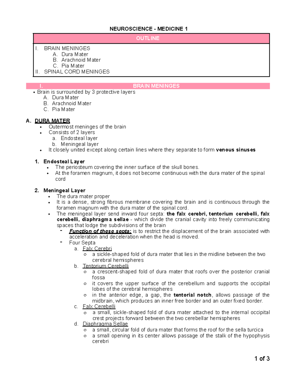 Meninges notes - Dr. J. Estrada - NEUROSCIENCE - MEDICINE 1 I. BRAIN ...