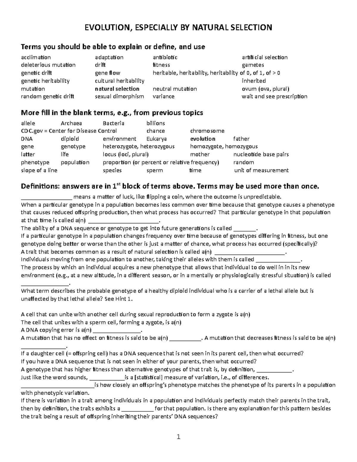 2-Hidden Ans-Evo Nat Sel - EVOLUTION, ESPECIALLY BY NATURAL SELECTION Terms you should be able ...
