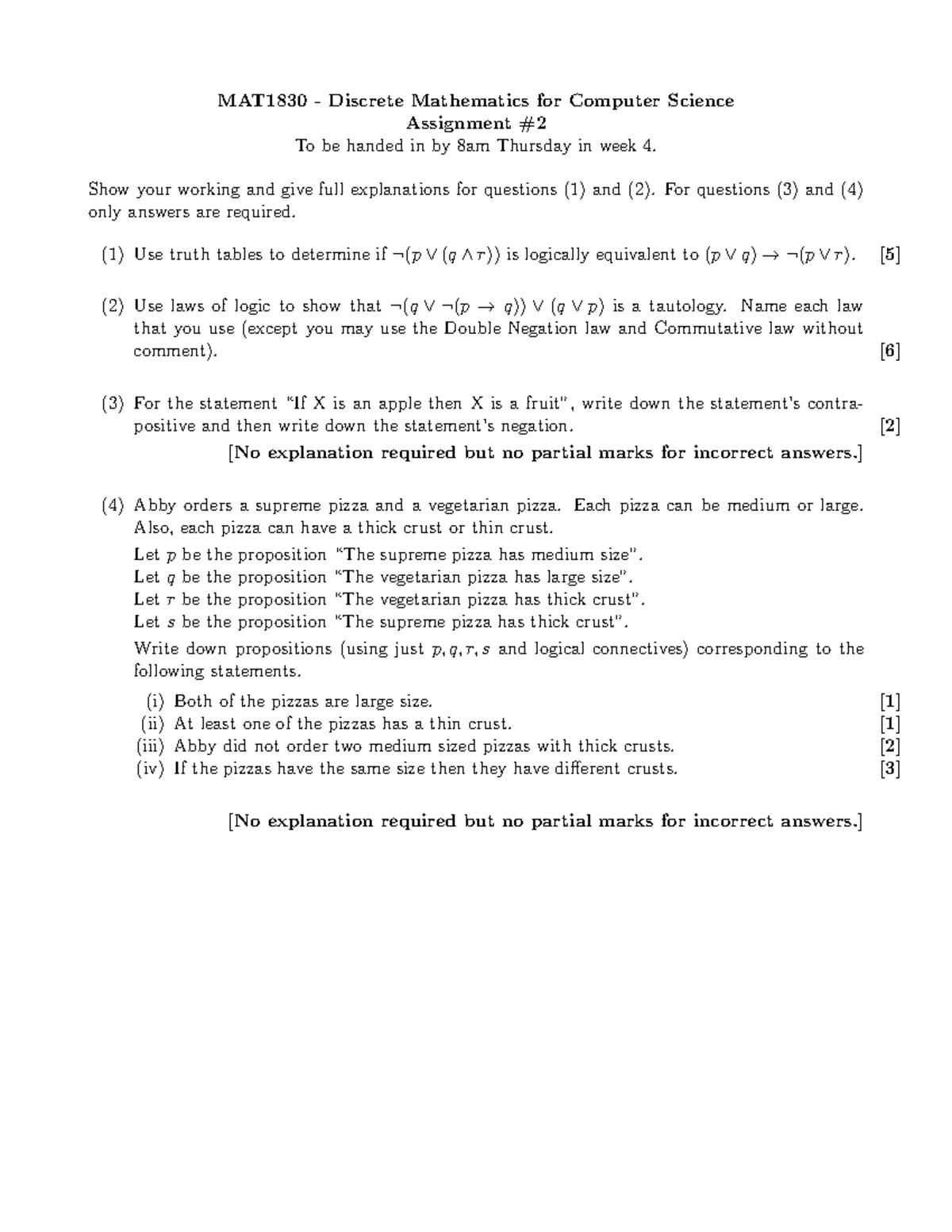Assignment 2 questions - MAT1830 - Discrete Mathematics for Computer Science Assignment # To be ...