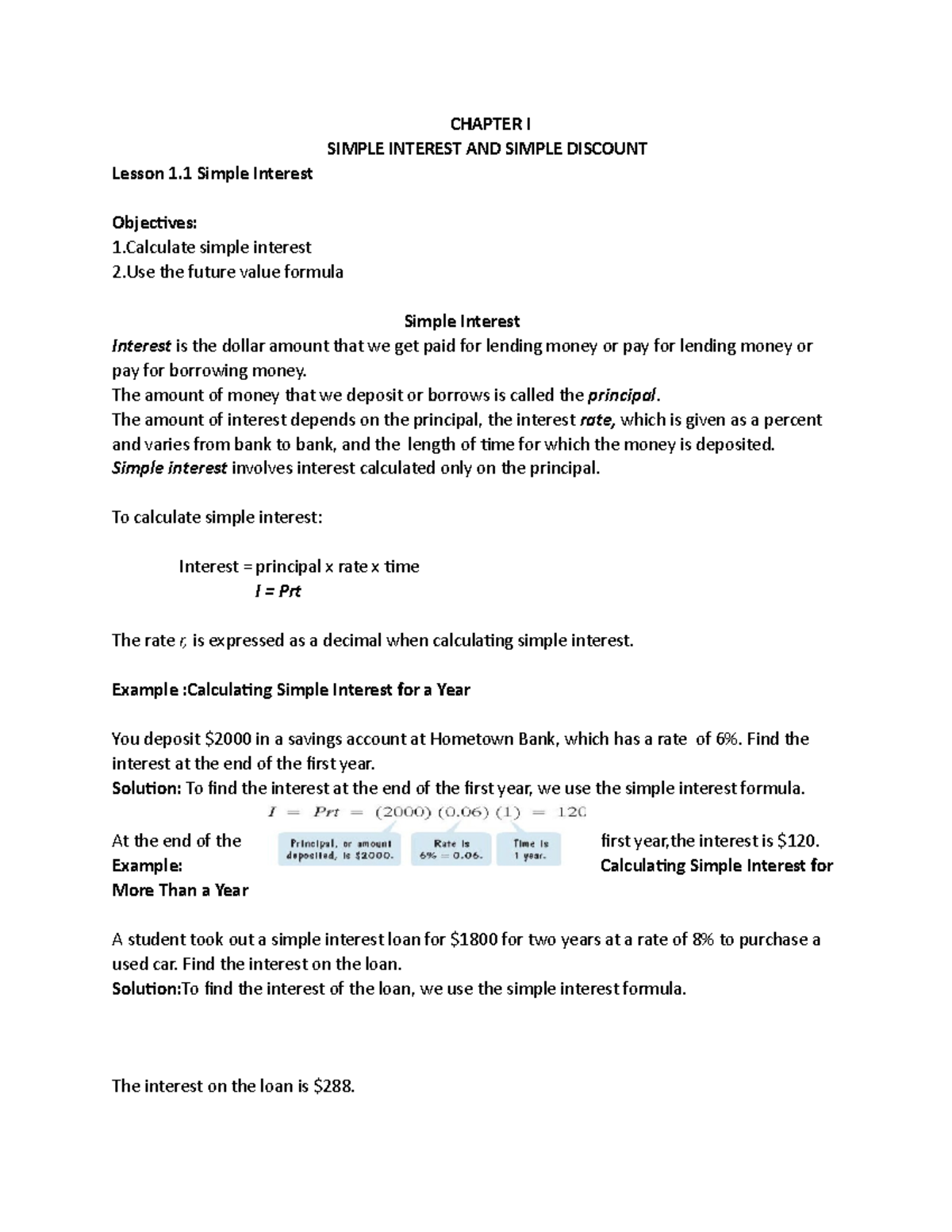 Iglesia ni cristo - math of investment - CHAPTER I SIMPLE INTEREST AND SIMPLE DISCOUNT Lesson 1 ...