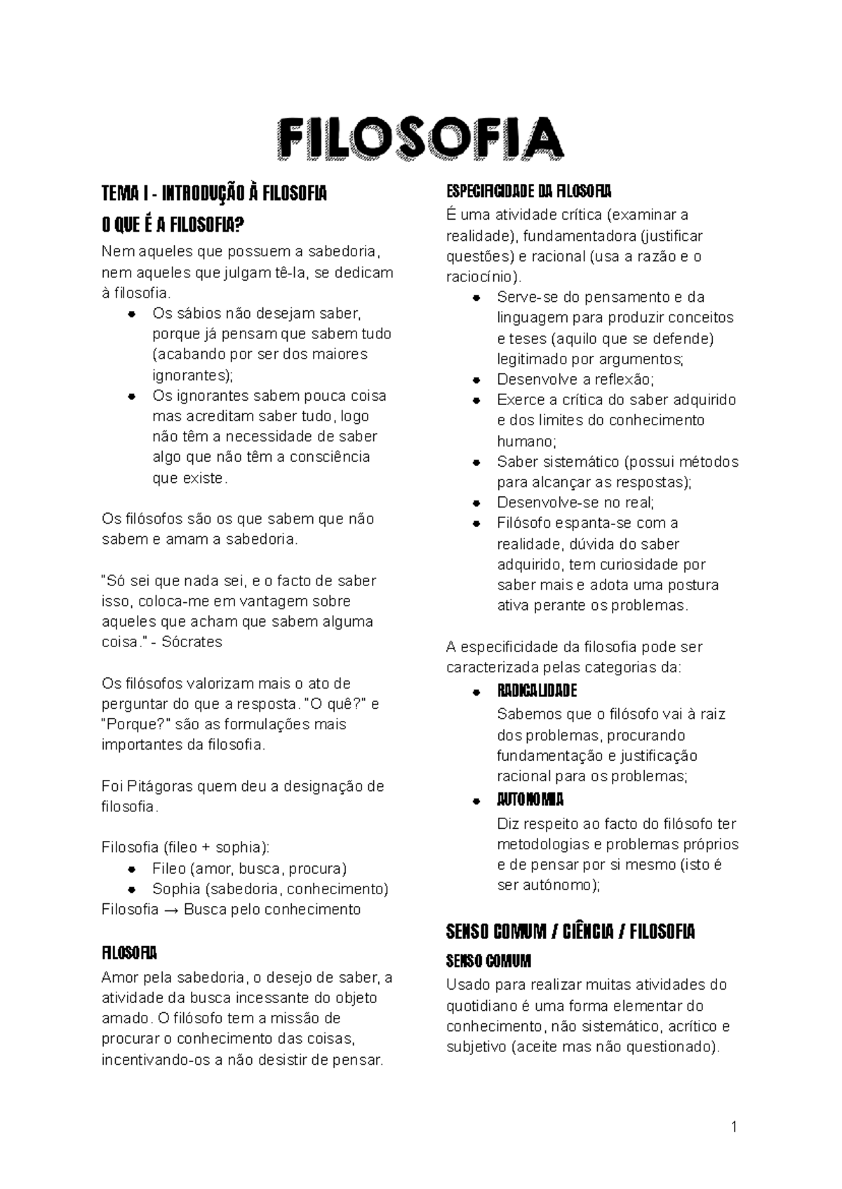 Resumos de Filosofia - TEMA I - INTRODUÇÃO À FILOSOFIA O QUE É A ...