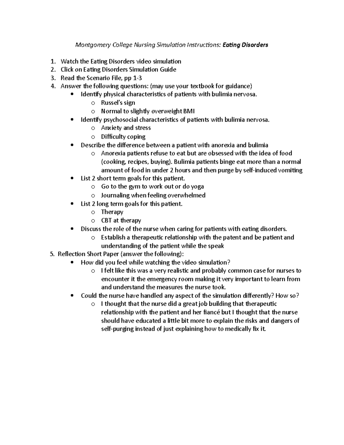Montgomery College Nursing Simulation Instructions- Eating Disorders ...