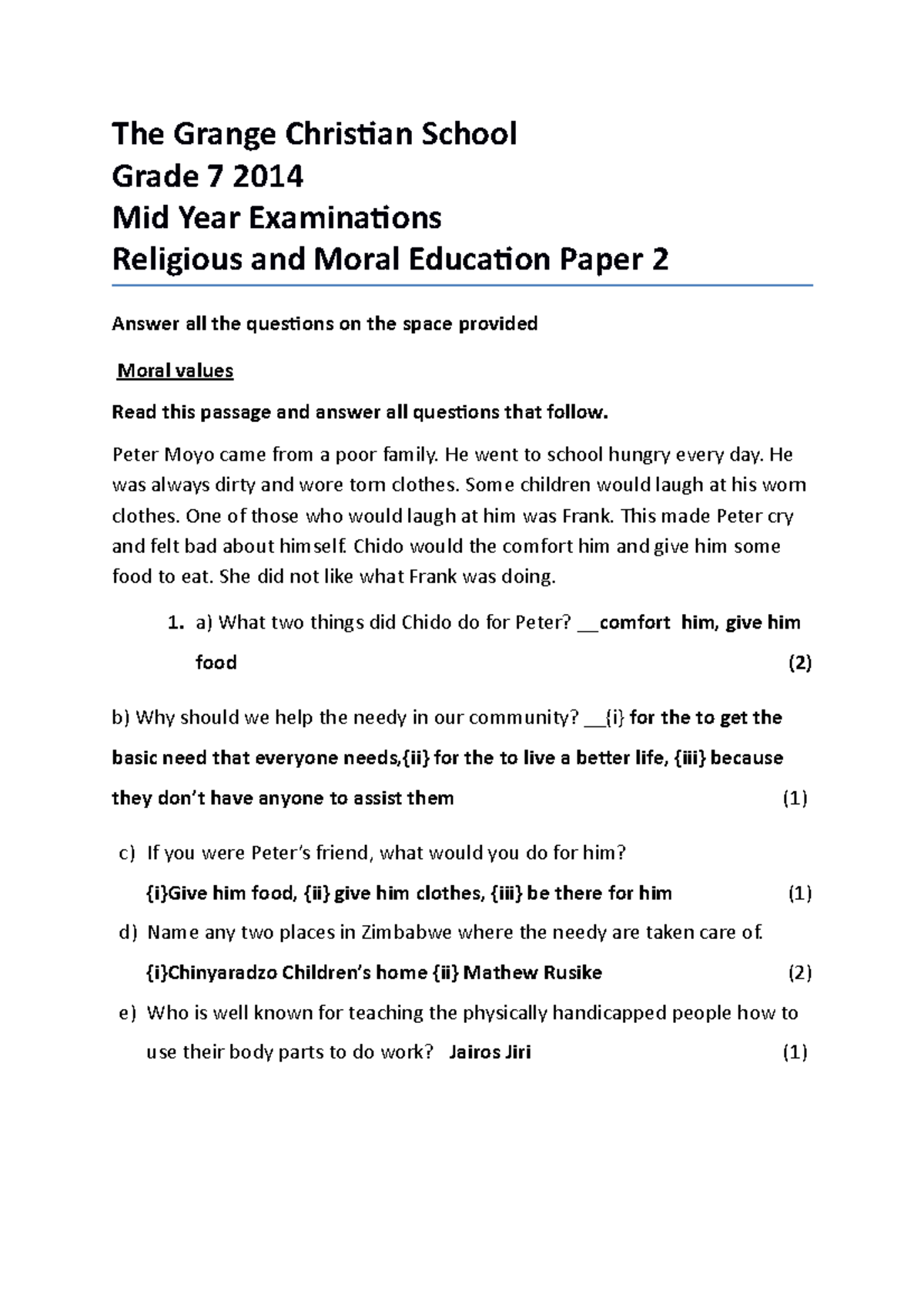 Gr7 rme pp2 mid yr 2014 answers - The Grange Christian School Grade 7 ...
