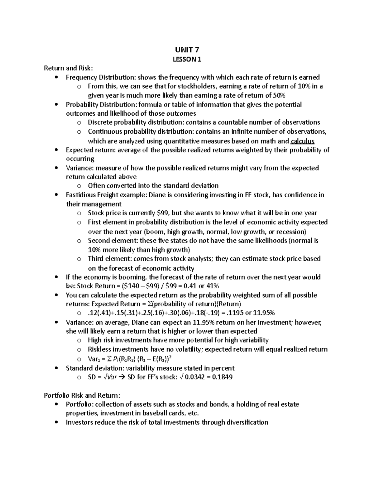 Unit 7 - Lecture notes 7 - UNIT 7 LESSON 1 Return and Risk: Frequency ...