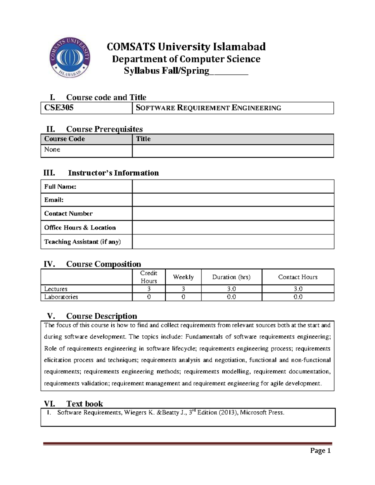 Syllabus CSE305 RE - I. Course code and Title CSE305 SOFTWARE ...