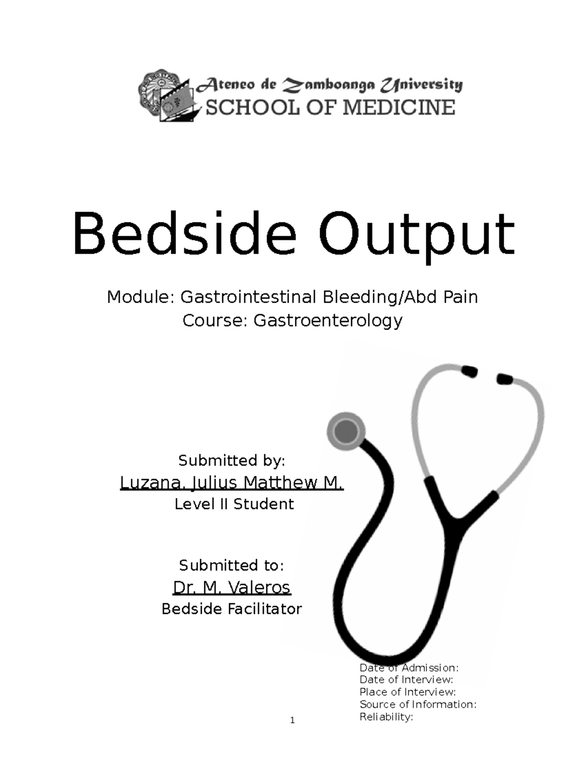 Bedside Template Handwritten - Bedside Output Module: Gastrointestinal ...