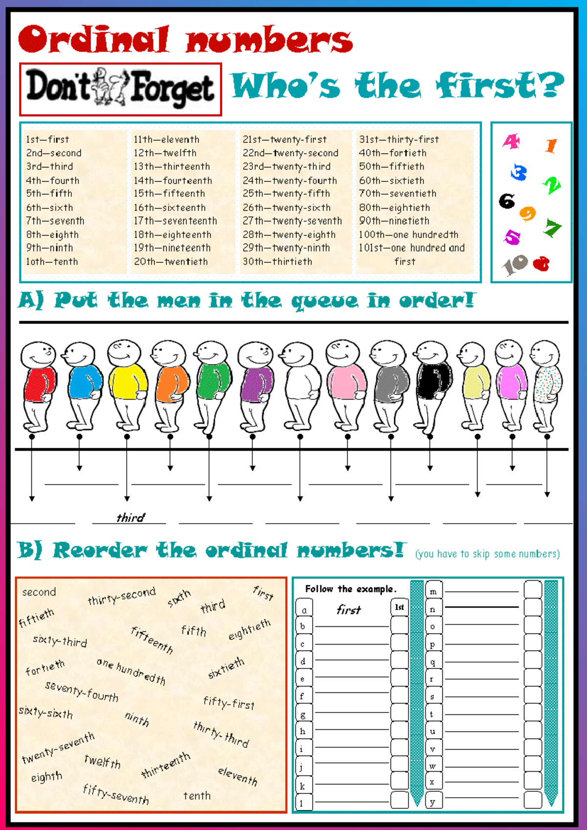 Worksheet-ordinal numbers - Ordinal numbers Forget the first? I ...
