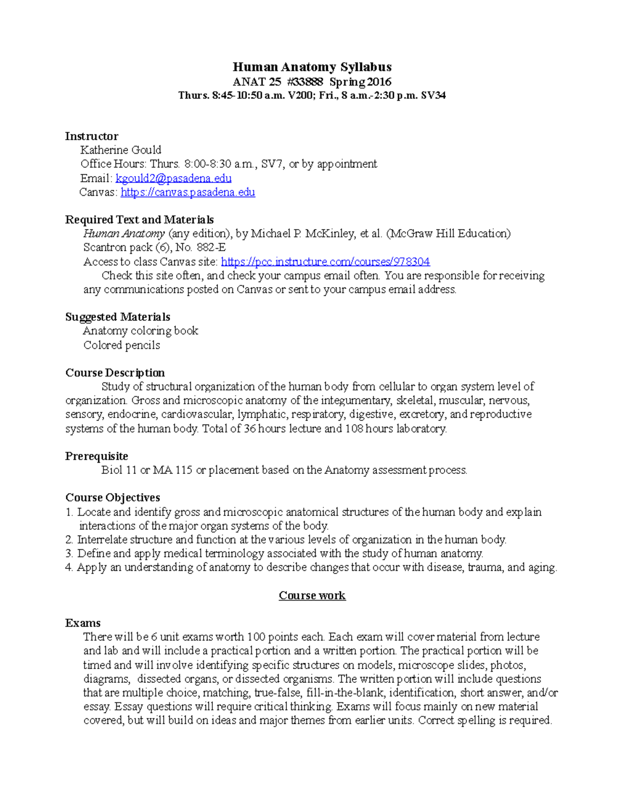 Syllabus Anat25 Gould-sp2016 - Human Anatomy Syllabus ANAT 25 #33888 ...