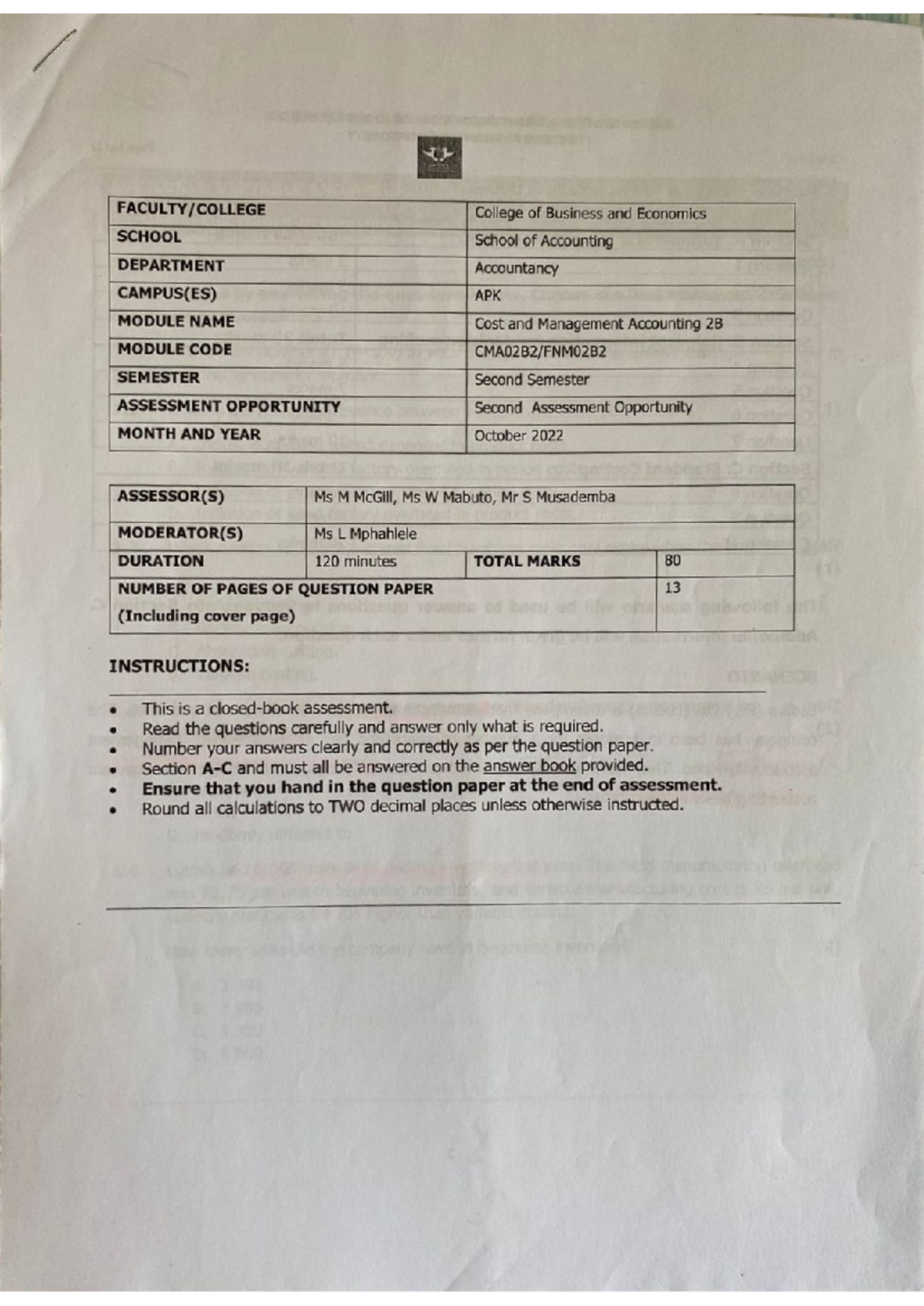 CMA2B(2022)-AO2 - Question paper for CMA2B test 2 2024 @UJ - College of ...