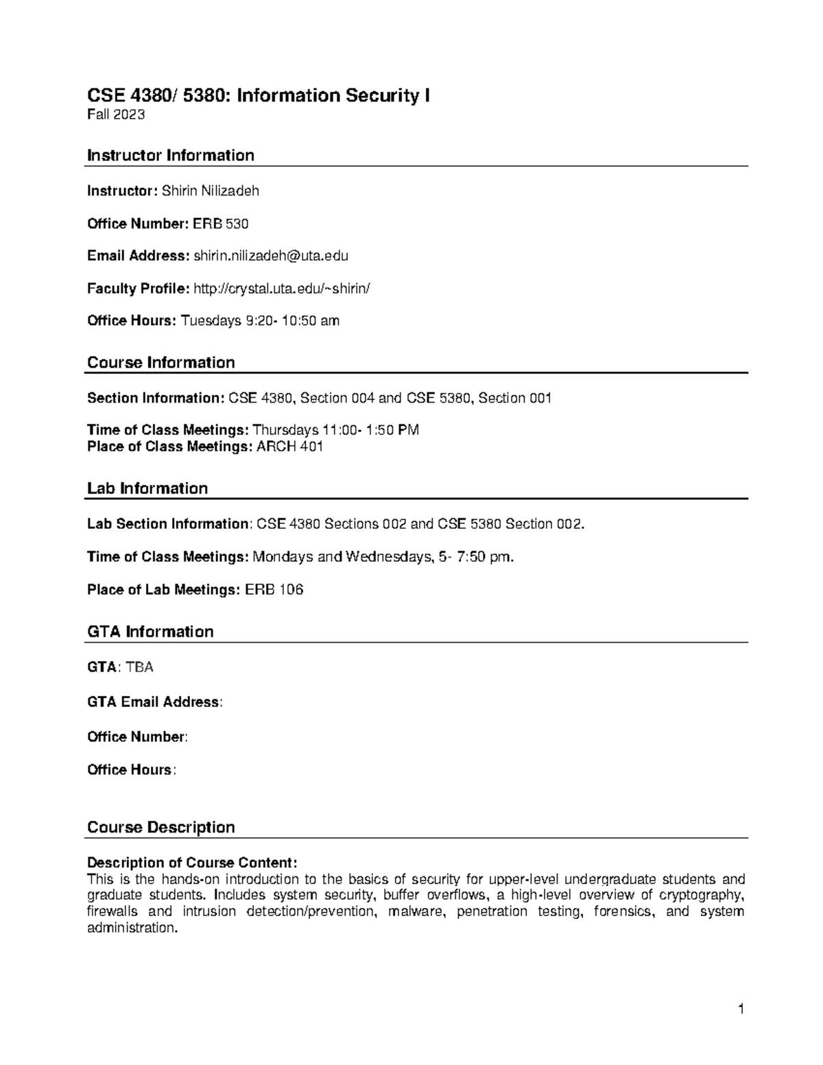 4380 Syllabus Fall 2023 - CSE 4380/ 5380: Information Security I Fall 2023 Instructor ...