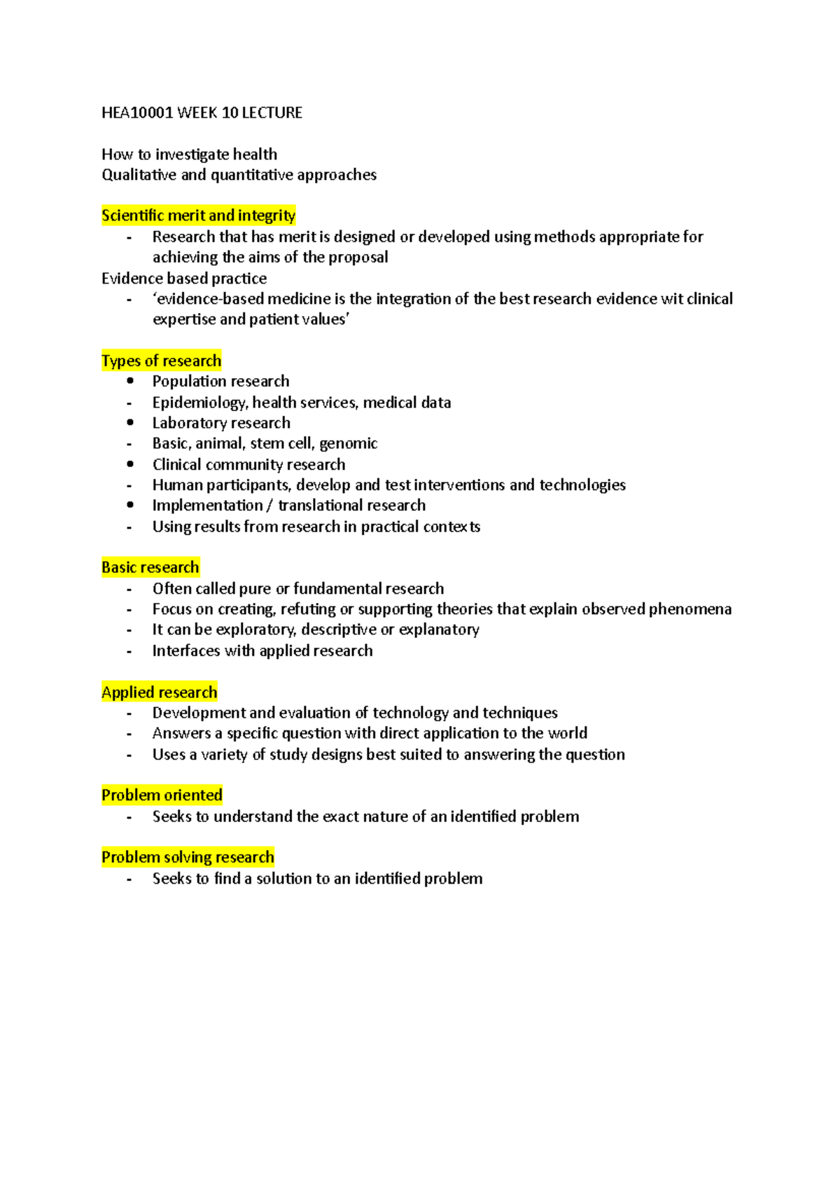 WEEK 10 Lecture + readings - HEA10001 WEEK 10 LECTURE How to ...