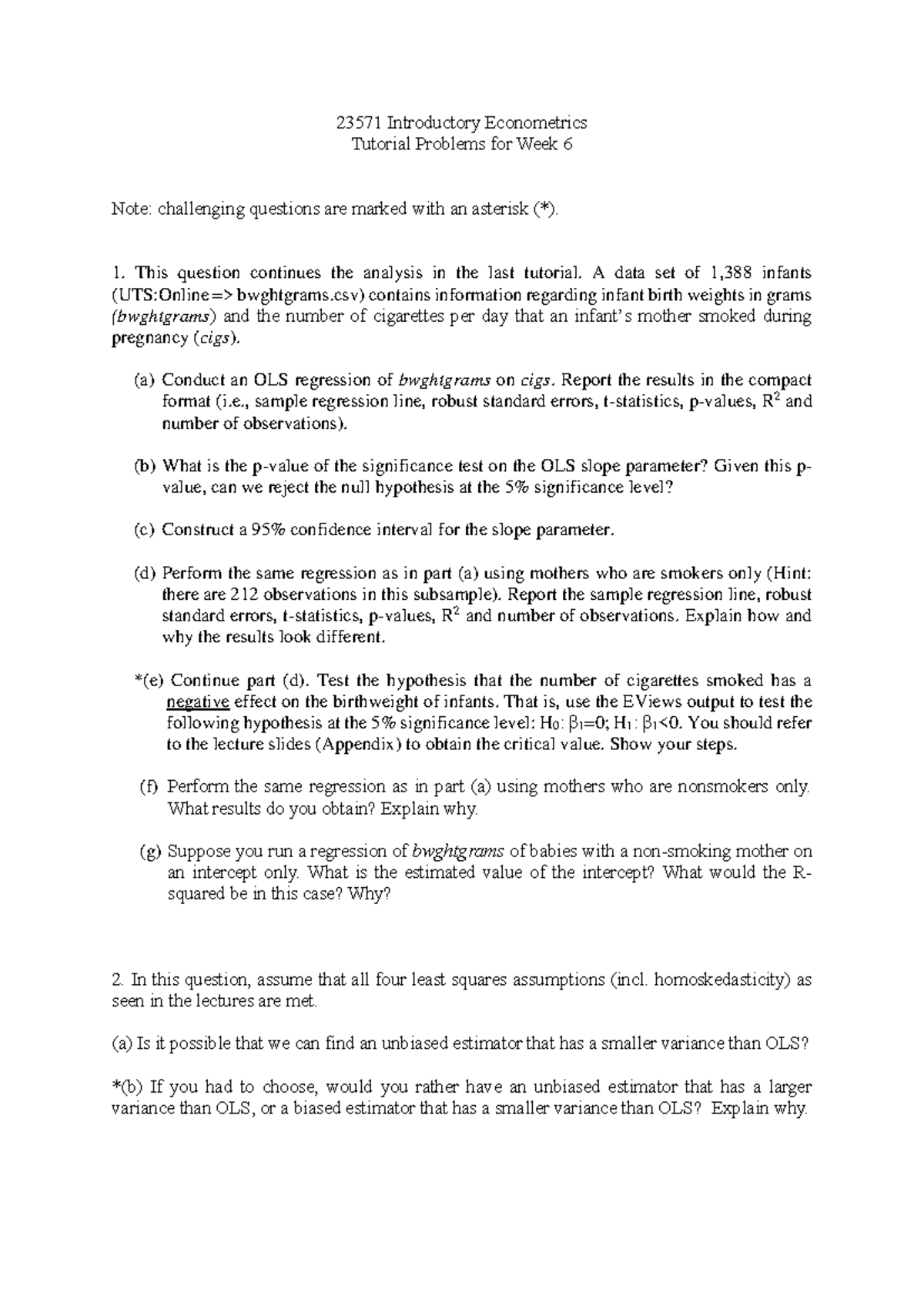 Tutorial Problems Week 6 23571 Introductory Econometrics Tutorial Problems For Week 6 Note