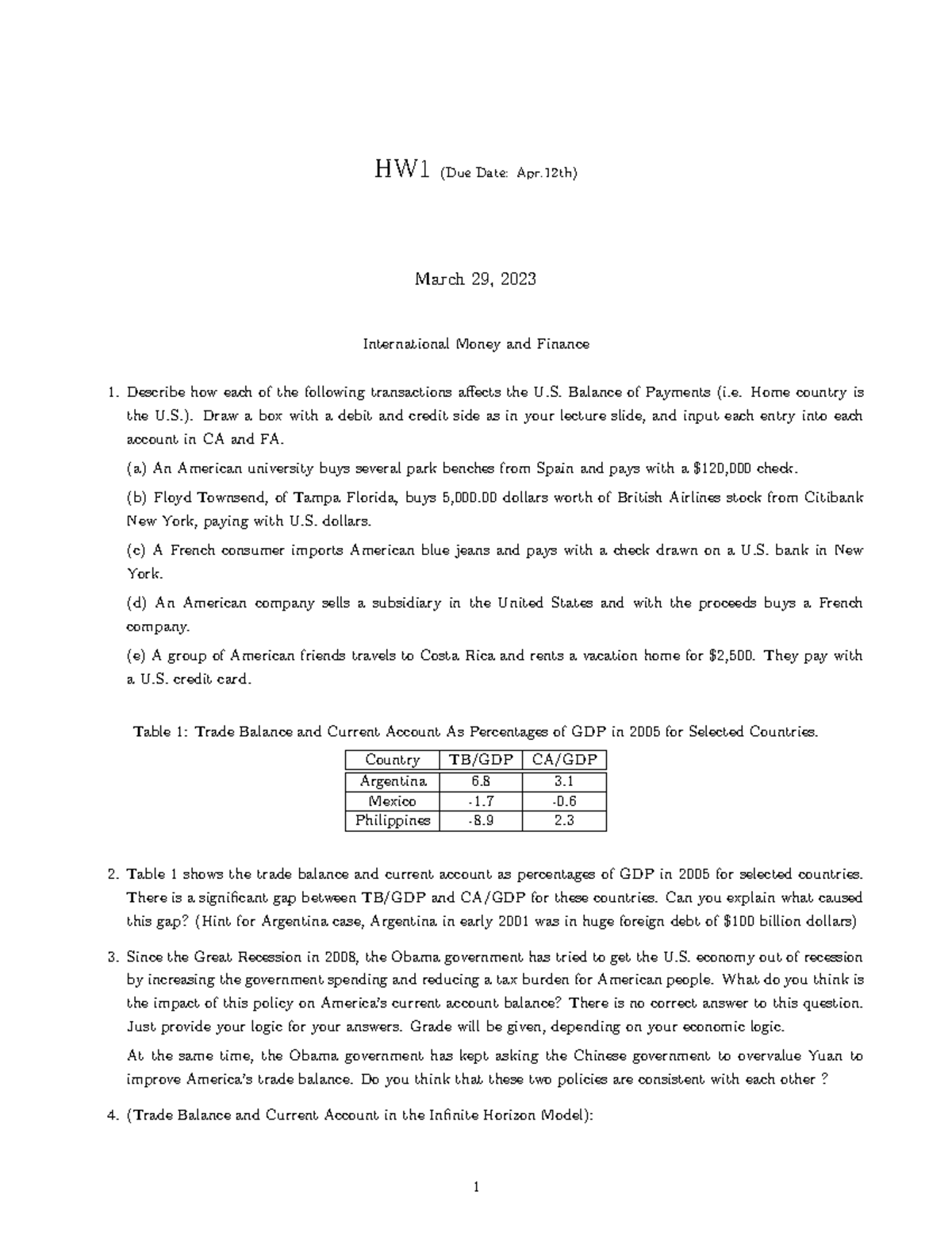 2023-1 HW 1 Assignment - HW1 (Due Date: Apr) March 29, 2023 International Money and Finance ...