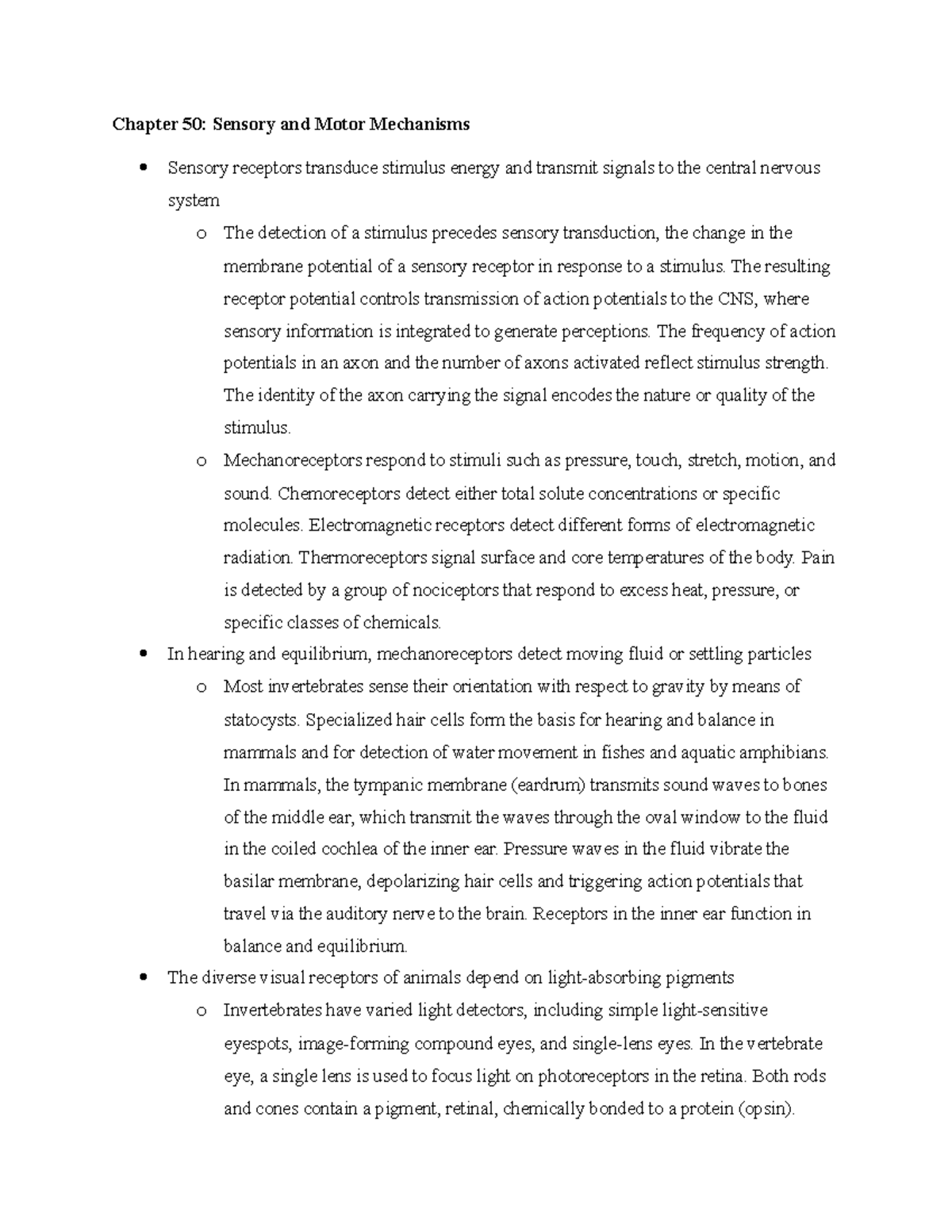 Biology Chapter 50 - Chapter 50: Sensory and Motor Mechanisms Sensory ...