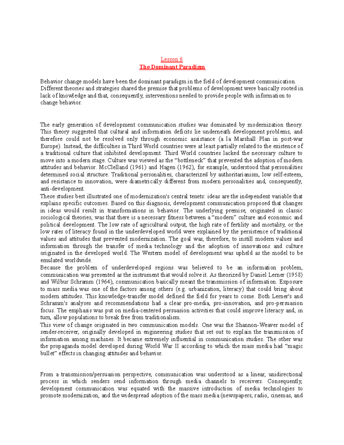 Ch06 The Dominant Paradigm - Lesson 6 The Dominant Paradigm Behavior change models have been the ...