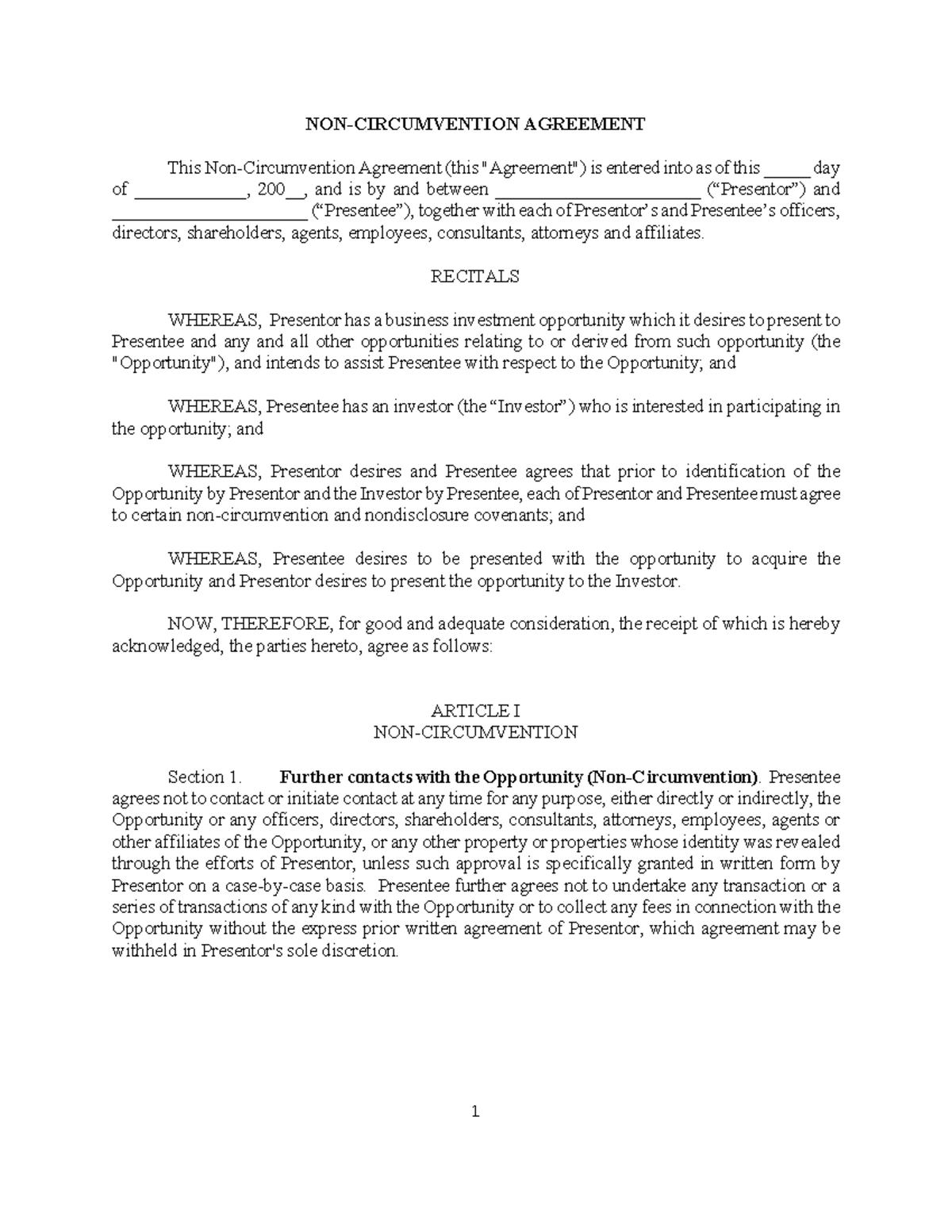Noncircumvention Agreement - RECITALS WHEREAS, Presentor has a business ...