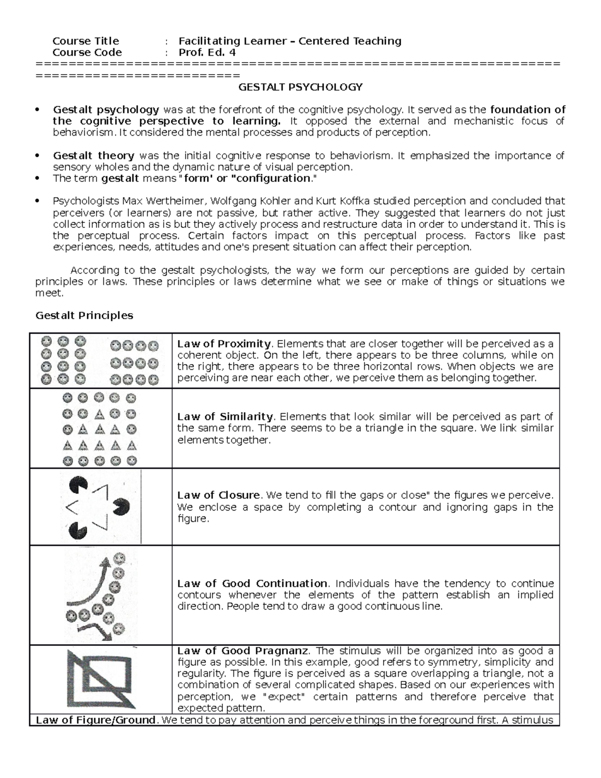 Gestalt Psychology - Prof Ed - Course Title : Facilitating Learner ...
